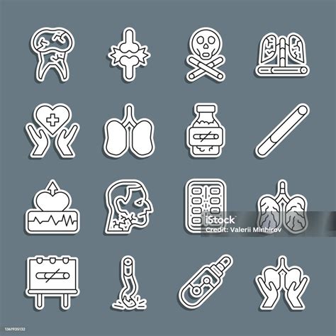 세트 라인 폐 질병 폐 담배 뼈와 두개골 십자가와 심장 치아 충치와 니코틴 껌 물집 팩 아이콘 벡터 갑상샘에 대한 스톡 벡터 아트 및 기타 이미지 Istock