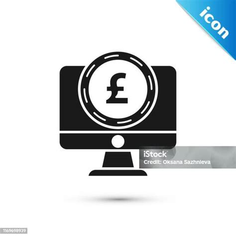 흰색 배경에 격리 파운드 스털링 기호 아이콘 블랙 컴퓨터 모니터 온라인 쇼핑 개념입니다 인터넷에서의 수입 벡터 일러스트레이션 개념에 대한 스톡 벡터 아트 및 기타 이미지