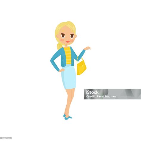 세련 된 캐주얼 옷 블루 스커트와 재킷 노란색 블라우스와 핸드백에 아름 다운 젊은 금발 소녀 평면 벡터 디자인 귀여운에 대한 스톡 벡터 아트 및 기타 이미지 Istock