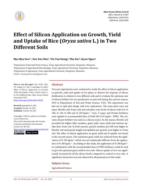 Pdf Effect Of Silicon Application On Growth Yield And Uptake Of Rice
