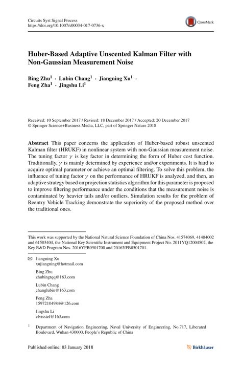 Pdf Huber Based Adaptive Unscented Kalman Filter With Non Gaussian