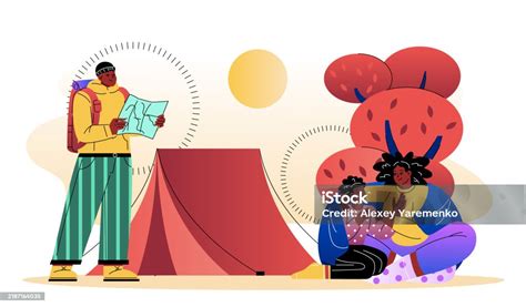 가을 캠핑에 가족 지도를 가진 남자와 아이를 가진 여자는 텐트 근처에 앉아 있습니다 하이킹과 캠핑 활동적인 라이프스타일 여행 및 관광 평면 벡터 일러스트 레이 션 가을에