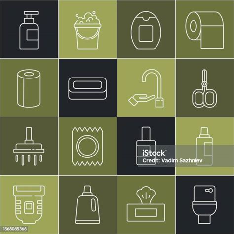 세트 라인 변기 세정제 용 병 손톱 가위 샴푸 바 비누 종이 타월 롤 및 아이콘으로 손 씻기 벡터 개수대에 대한 스톡 벡터 아트 및 기타 이미지 Istock