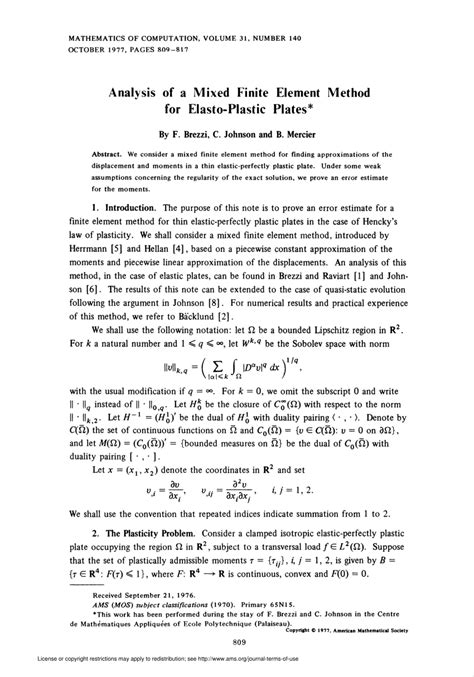 Pdf Analysis Of A Mixed Finite Element Method For Elastoplastic Plates