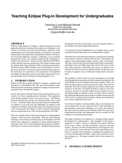 Teaching Eclipse Plug In Development For Undergraduates Tianchao Li And Michael Gerndt Pdf