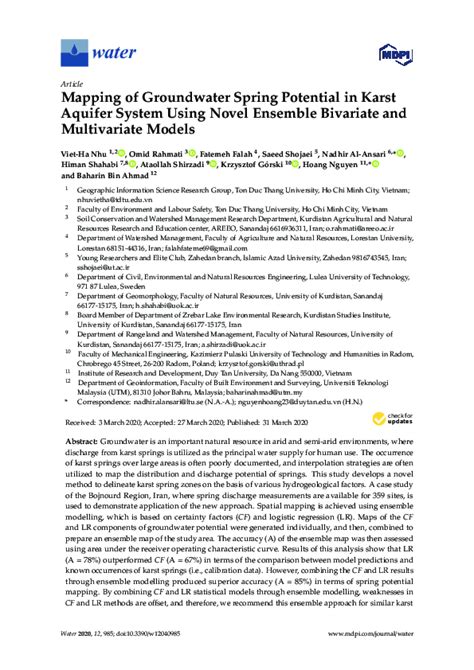 Pdf Mapping Of Groundwater Spring Potential In Karst Aquifer System Using Novel Ensemble