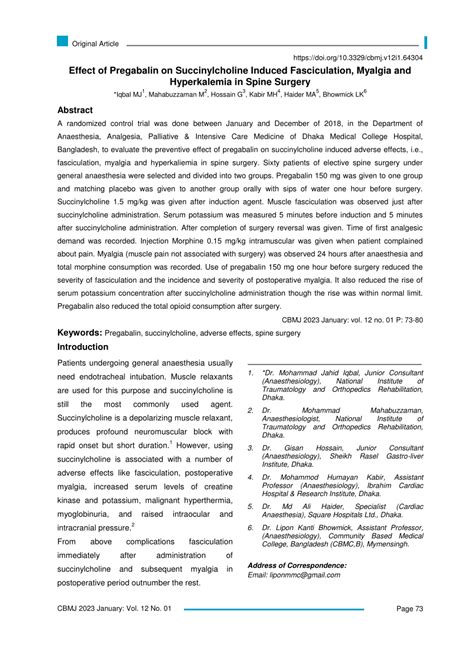 Pdf Effect Of Pregabalin On Succinylcholine Induced Fasciculation Myalgia And Hyperkalemia In