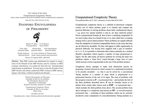 Friends Of The Sep Society Preview Of Computational Complexity Theory Pdf