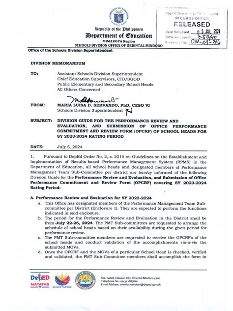 Dm Division Guide For The Performance Review And Evaluation And Submission Of Office Performance