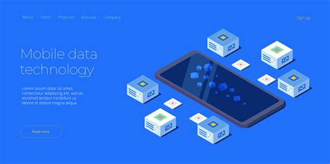 아이소메트릭 벡터 일러스트 레이 션에 모바일 데이터 처리 기술입니다 정보 저장 및 분석 시스템입니다 디지털 기술 웹사이트 방문 페이지 템플릿입니다 0명에 대한 스톡 벡터