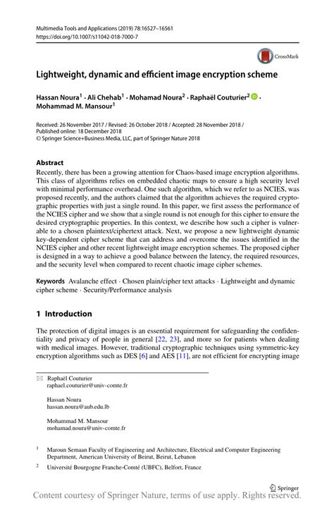 Lightweight Dynamic And Efficient Image Encryption Scheme Request Pdf
