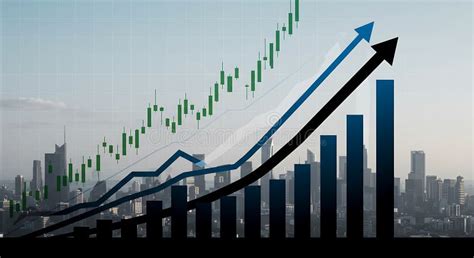 Bar And Line Graphs Overlay A City Skyline Vertical Black Bars Increase In Height Stock