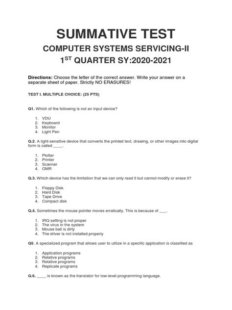 Summative Test Computer Systems Servicing Ii 1 Quarter Sy2020 2021 Pdf Computer Data