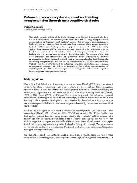 Enhancing Vocabulary Development And Reading Comprhension Through Metacognitive Strategies Pdf
