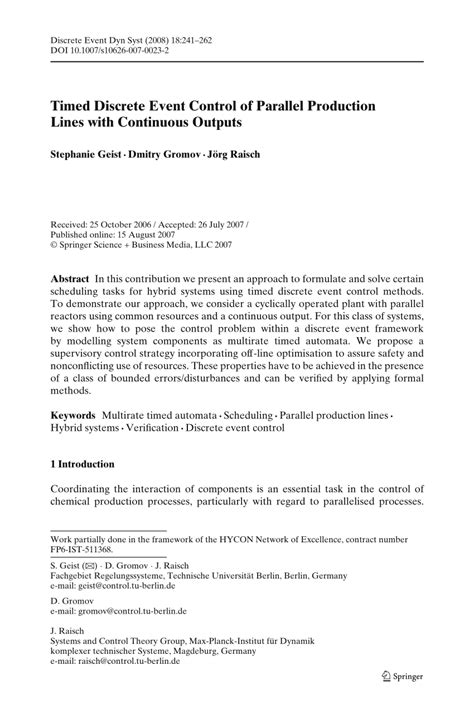 PDF Timed Discrete Event Control Of Parallel Production Lines With Continuous Outputs