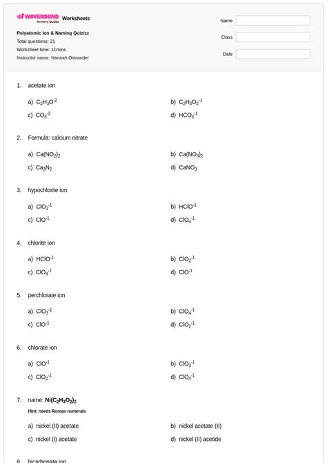 50 Polyatomic Ions Worksheets For Class 10 On Wayground Free And Printable