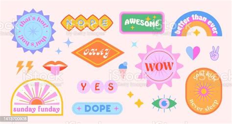 90 년대 스타일의 귀여운 재미있는 패치와 스티커의 벡터 세트 텍스트가있는 Y2k 미학의 현대 아이콘 또는 기호 강렬하고 밝은 색상에 대한 스톡 벡터 아트 및 기타 이미지