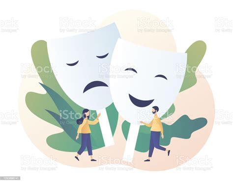진정한 감정을 마스킹 심리학 인간의 가면 행복하거나 슬픈 표정으로 큰 카니발 마스크를 가진 작은 사람들 위선 현대 플랫 만화 스타일 흰색 배경의 벡터 그림 마스크에 대한