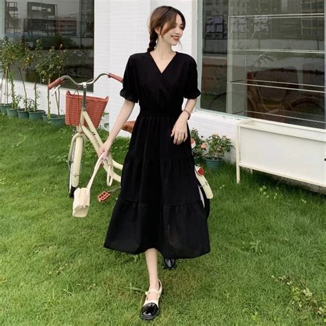 한국 스타일 기질 허리 포옹 슬리밍 반팔 원피스 드레스 여성용 틈새 중간 길이 패션 여름 2022 Aliexpress