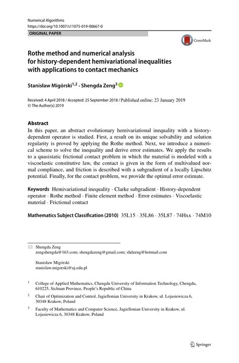 Pdf Rothe Method And Numerical Analysis For History Dependent