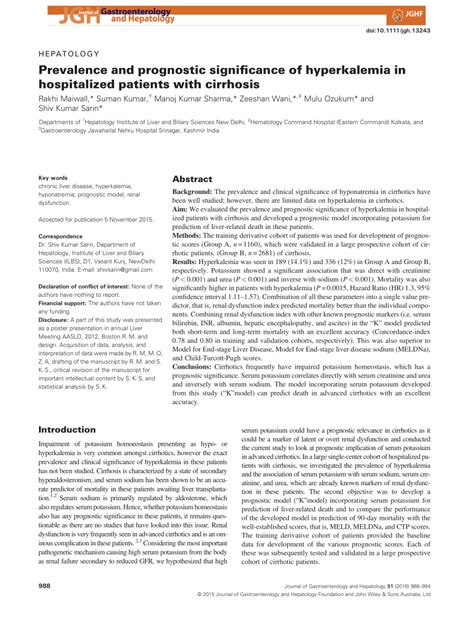 Pdf Prevalence And Prognostic Significance Of Hyperkalemia In Hospitalized Patients With Cirrhosis