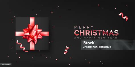 빨간 리본과 리본이 달린 블랙 기프트 박스가 있는 홀리데이 세일 배너 럭셔리 크리스마스 포스터 금리본과 활이 있는 3d 박스 12월 31일에 대한 스톡 벡터 아트 및 기타