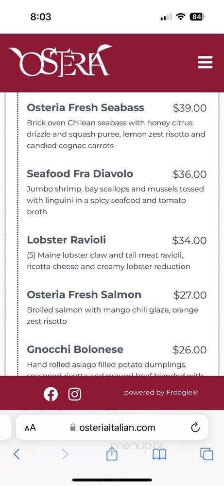 Menu Of Osteria Italian Kitchen In Champions Gate Fl 32866