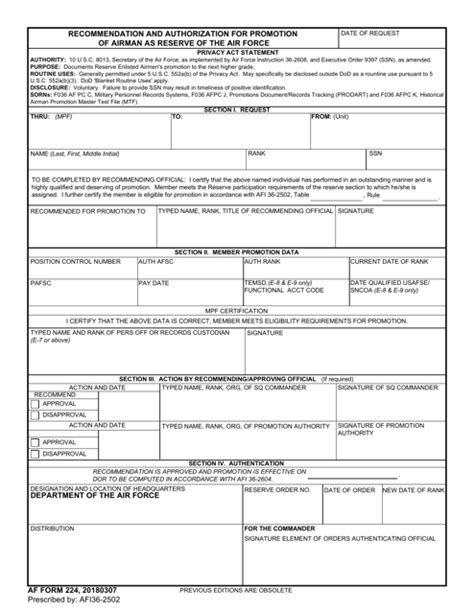 Af Form 224 Download Fillable Pdf Or Fill Online Recommendation And Authorization For Promotion Af Form 224 Download Fillable Pdf Or Fill Online Recommendation And Authorization For Promotion