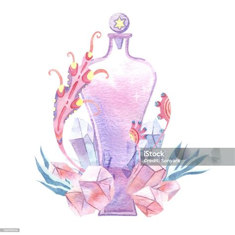 크리스탈과 꽃 요소가 있는 수채화 마법 하트 모양의 병 유리 향수 플라스크 비약 또는 독 발렌타인 데이 디자인 펜던트에 대한 스톡 벡터 아트 및 기타 이미지 Istock