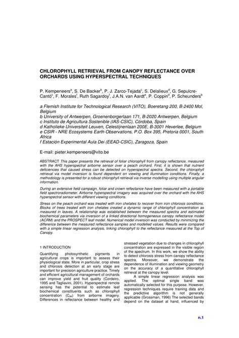 Pdf Chlorophyll Retrieval From Canopy Reflectance Over Orchards Using Hyperspectral Techniques