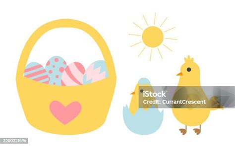 노란 병아리와 부화하는 아기 병아리가 태양 아래 다채로운 달걀로 가득 찬 부활절 바구니 근처에 있는 평면 만화 그림 0명에 대한 스톡 벡터 아트 및 기타 이미지 Istock