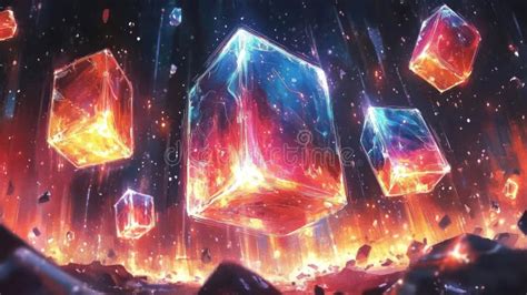 A Vibrant Surreal Landscape Featuring Glowing Floating Cubes Amidst A Fiery Backdrop Stock