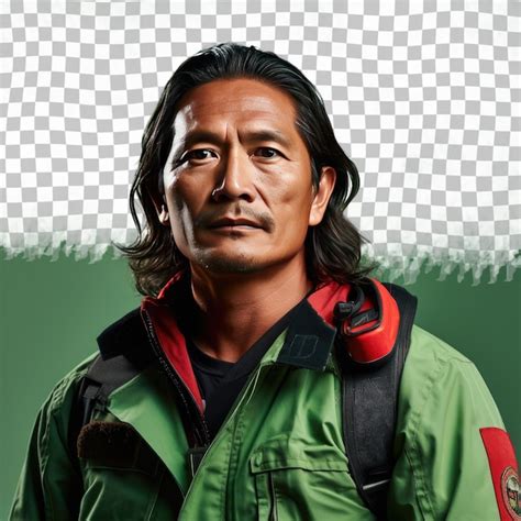 소방관 의 옷 을 입은 동남아시아 민족 의 긴 머리 를 가진 조용 한 중년 남자 가 파스텔 녹색 배경 에 부드러운 시선 과 기울어진 머리 스타일 로 포즈 를 취 하고 있다