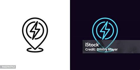 편집 가능한 스트로크가있는 전기 스테이션 핀 아이콘을 윤곽선으로 표시합니다 번개 표시가있는 지도 핀 충전 포인트 픽토그램 탐색