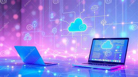 Cloud Computing And Network Technology Visualized On Laptops Data Flows And Connections