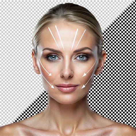 Asian Woman Portrait With Graphic Lines Showing Facial Lifting Effect On Skin Premium Ai