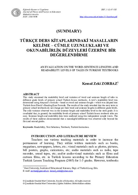 Doc An Evaluation On The Word Sentence Lengths And Readability Levels Of Tales In Turkish
