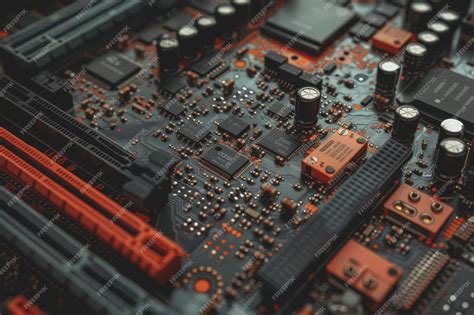 Computer Motherboard With Complex Circuits And Microchips Focused On Technology Premium Ai