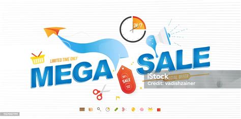 메가 세일 50 배너 템플릿 디자인 조명 효과와 게에 대 한 아이콘 특별 한 제공 스피커와 종이 비행기입니다 벡터 일러스트입니다 전단지에 대한 스톡 벡터 아트 및 기타