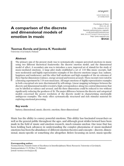 A Comparison Of The Discrete And Dimensional Models Of Emotion In Music Pdf Affect