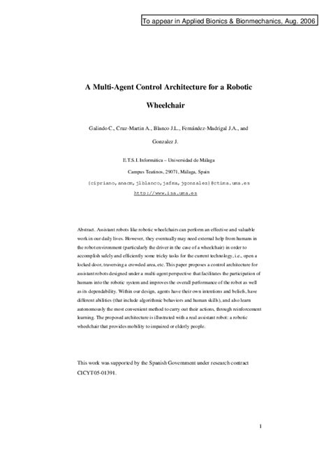 Pdf A Multi Agent Control Architecture For A Robotic Wheelchair Cipriano Galindo
