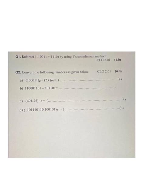 Solved Q1 Subtract −100111110 By Using 1s Complement