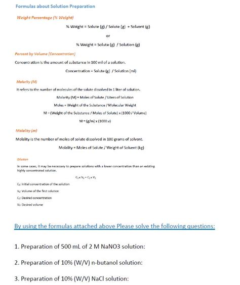 Formulas About Solution Preparation Weight Percentage