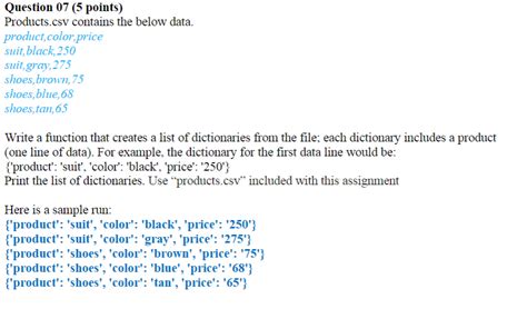 Solved Products Csv Contains The Below Data Product Color Chegg