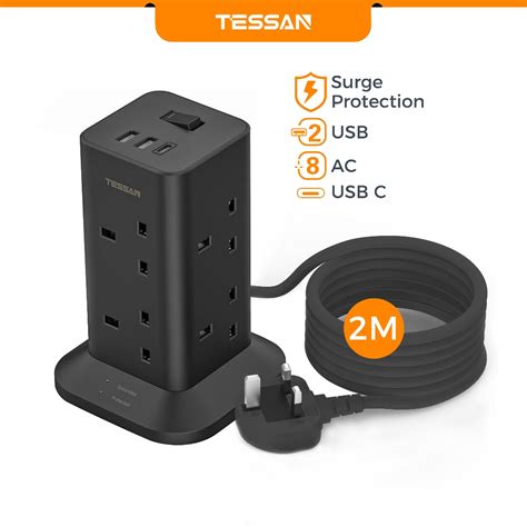 Tessan Plug Extension Socket Tower 8 Way Surge Protector Power Strip
