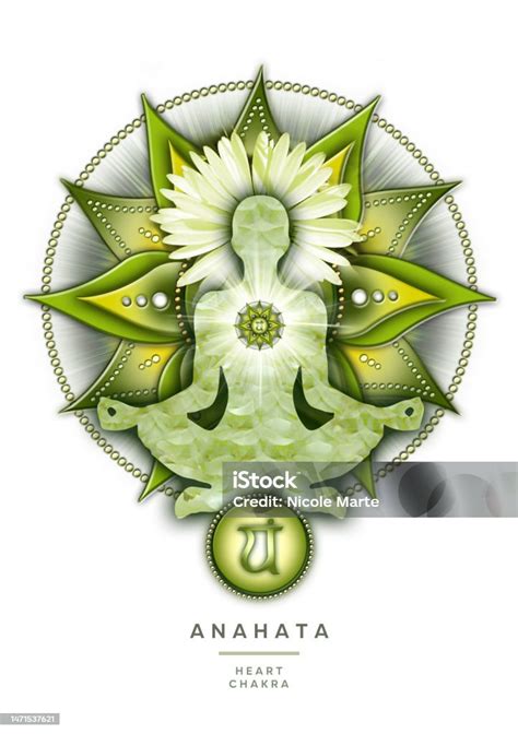심장 차크라 명상 요가 연꽃 포즈 아나하타 차크라 기호 앞에서 Sacred Geometry에 대한 스톡 벡터 아트 및 기타