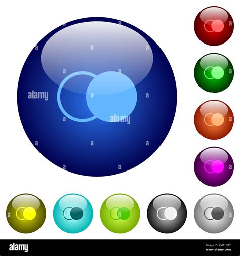 Overlapping Elements Icons On Round Glass Buttons In Multiple Colors Arranged Layer Structure