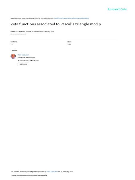 Zeta Functions Associated To Pascals Triangle Mod Pdf Mathematics