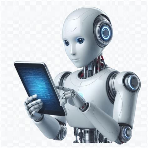 a robot with a tablet in his hands and the words robot on the screen