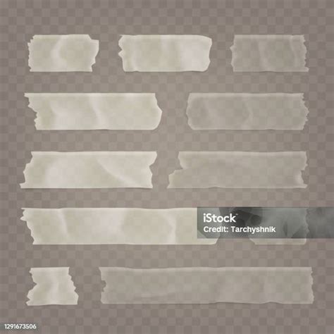 사실적인 투명 접착제 테이프 세트 체크 무늬 배경에 끈적 끈적한 스카치 덕트 종이 스트립 벡터 일러스트레이션 개체 그룹에 대한